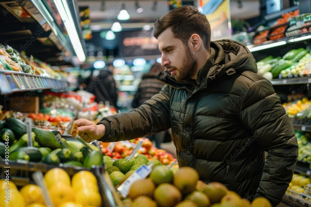 Handsome man buying fruits and vegetables in modern supermarket or ...