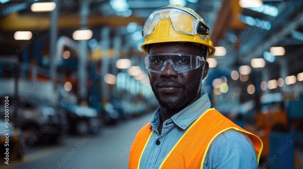 African American engineer wearing a safety helmet and vest standing in ...