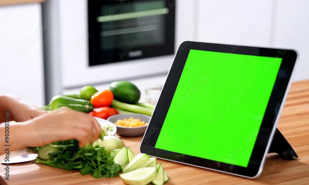 PC tablet with blank green screen chroma key at the kitchen table with ...