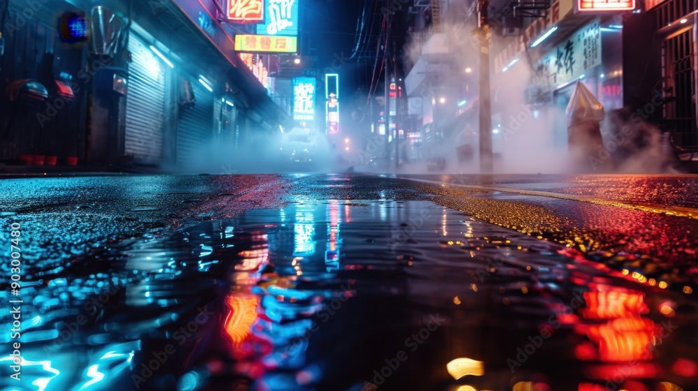 Dark street scene with wet asphalt reflecting neon lights, smoke, and ...