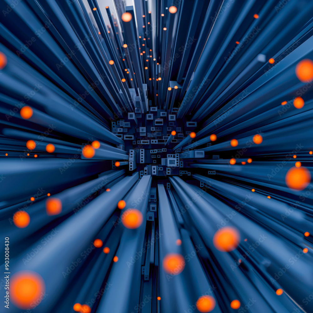 An Abstract Visualization Of High Speed Data Flow With Glowing Orange Particles Moving Through