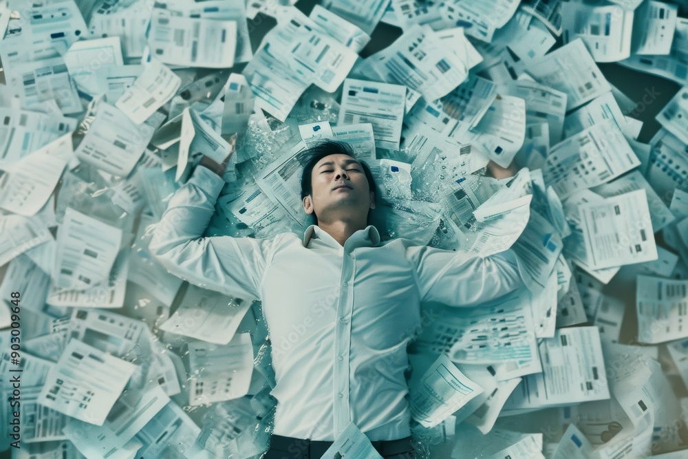 Man drowning in a sea of bills and invoices, representing financial ...
