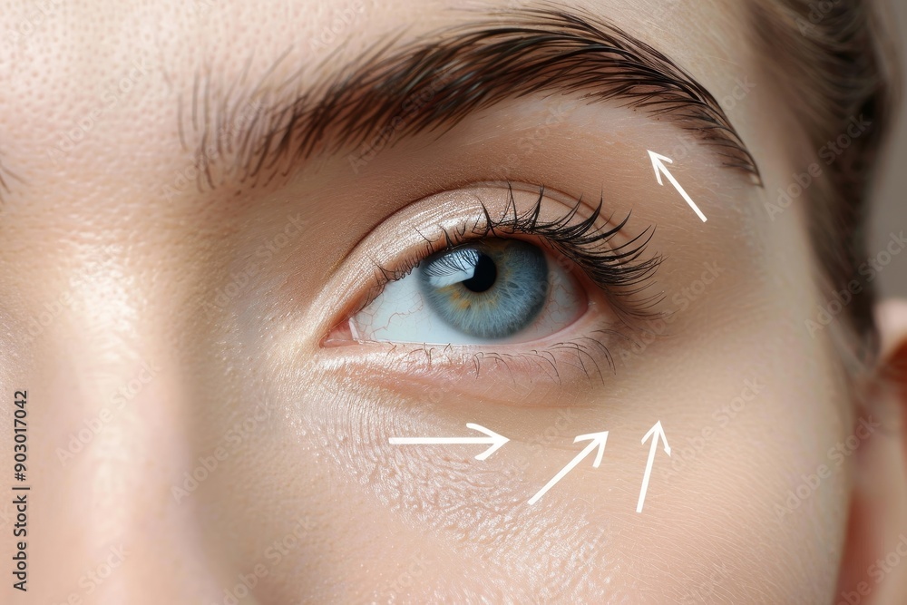 Blepharoplasty concept. Closeup view of lady eye with arrows point in ...
