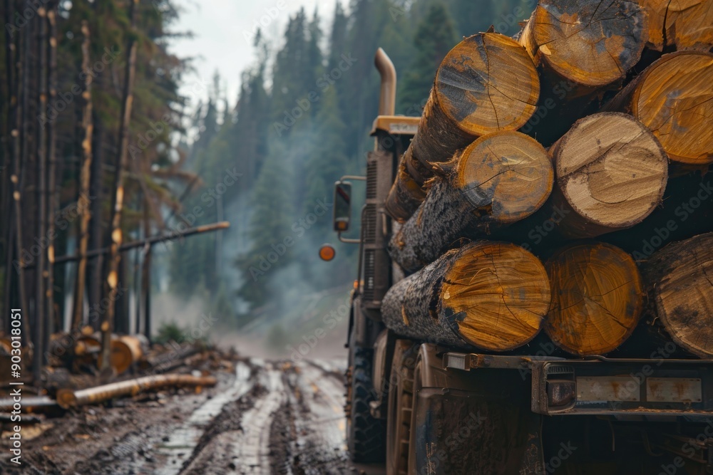Logging Truck Transporting Harvested Trees in a Dense, Partially Cut ...