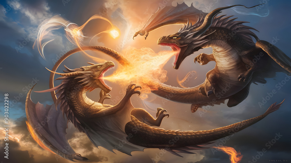 Fantasy Dragon Battle: Show an epic battle between two dragons in the ...