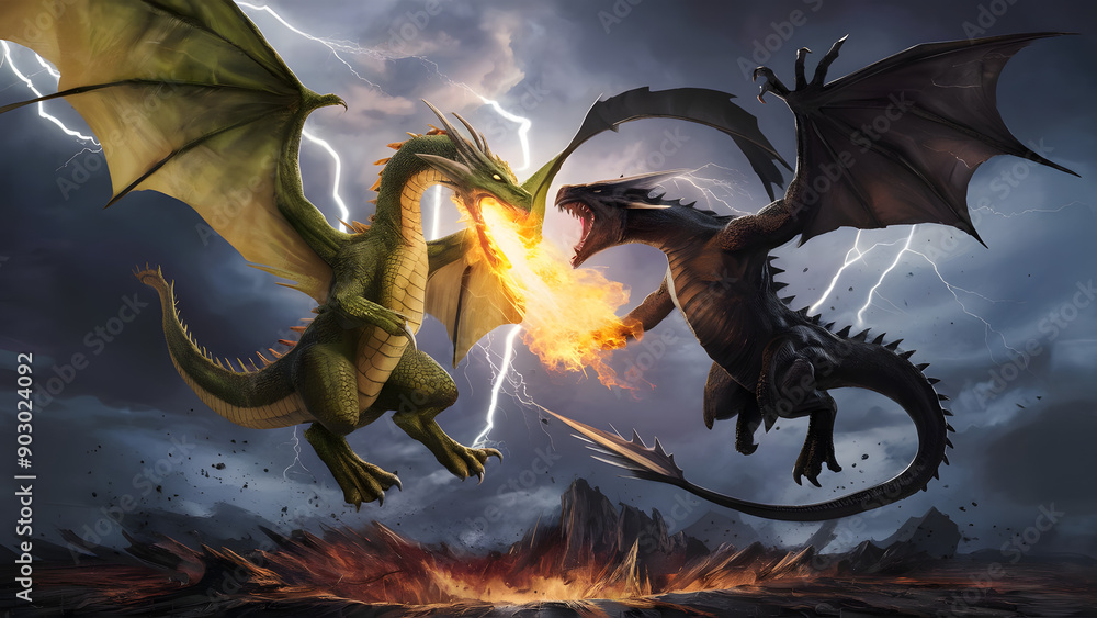 Fantasy Dragon Battle: Show an epic battle between two dragons in the ...