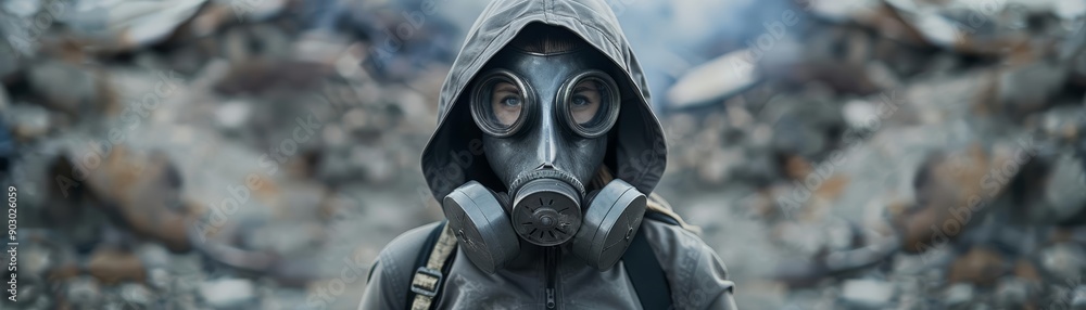 Female figure wearing a gas mask and hood, standing resolutely in a war ...