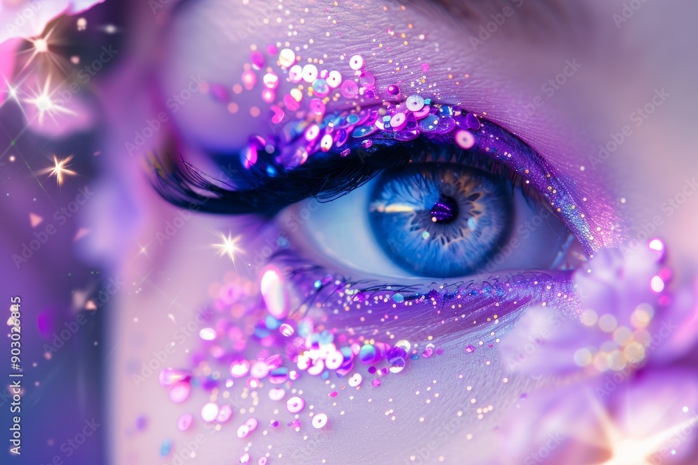 Glitter covered eye with sparkling patterns showcasing vibrant colors ...