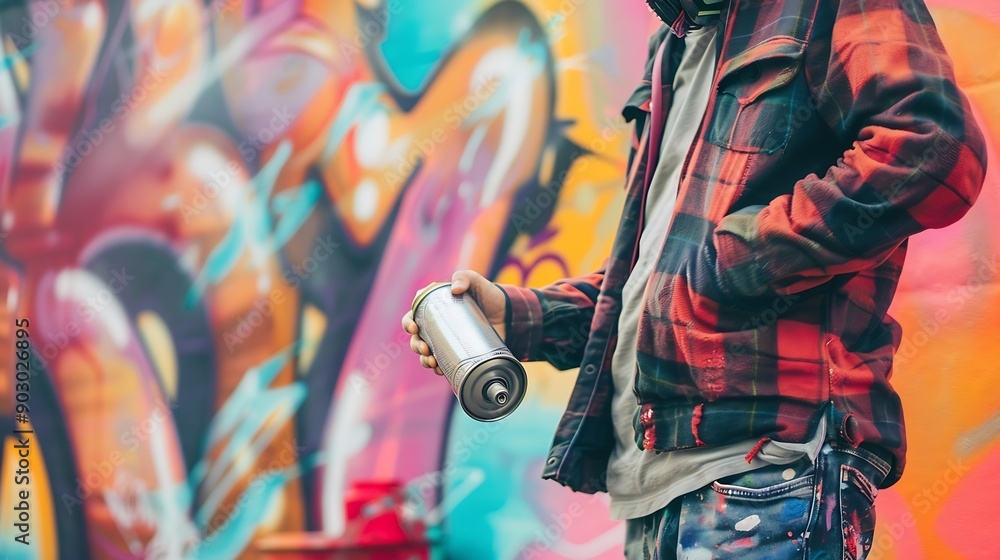 Cropped image of street artist with spray paint can and respirator mask ...