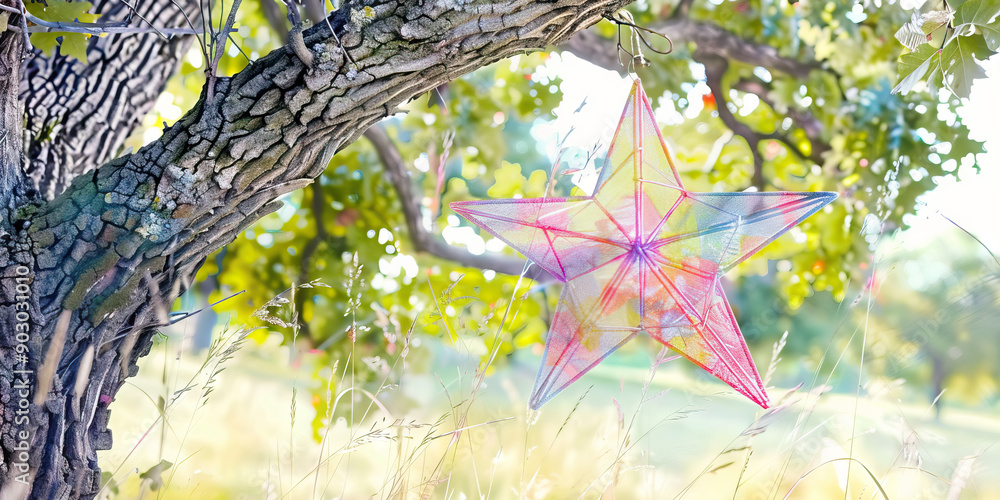 Texas's Lone Star Glow: A rustic star lantern, hung from a branch of a ...