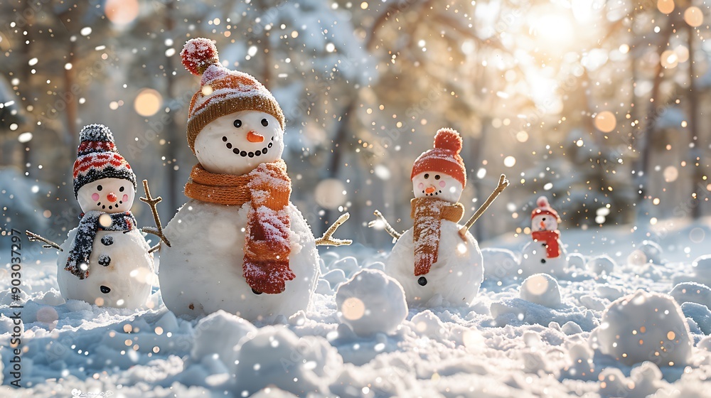 A dynamic scene of a family building a snowman together, children ...