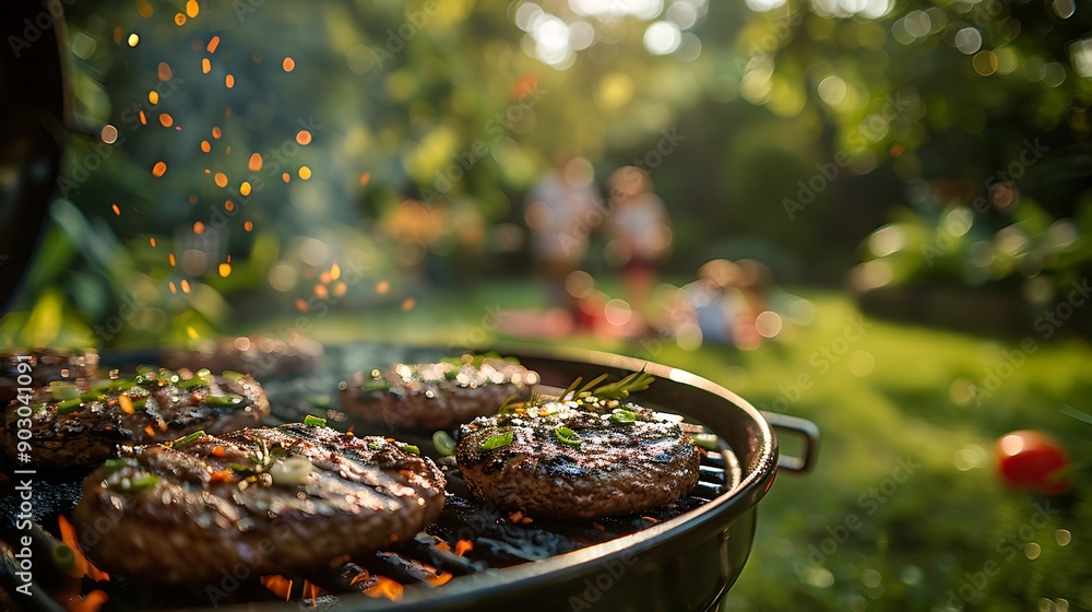 A photograph of a family grilling food in their backyard, with a ...