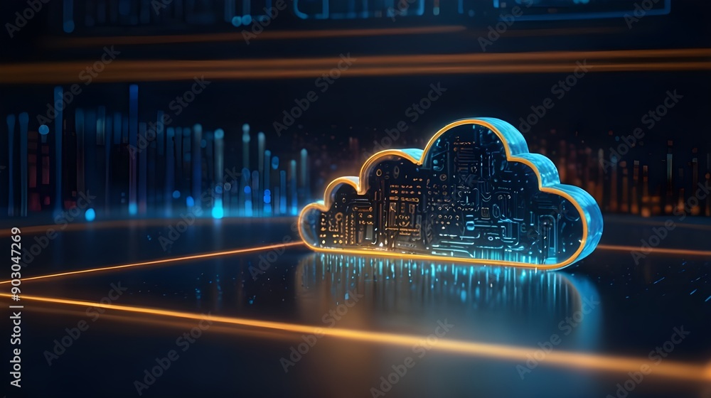Digital informational technology web futuristic hologram with cloud icon, blue golden light ...