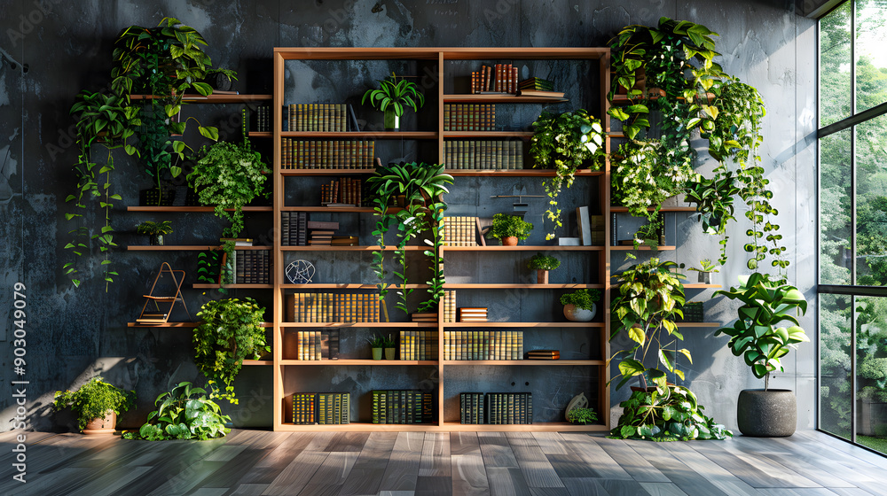 A contemporary-style bookshelf adorned with plants that serves as a ...