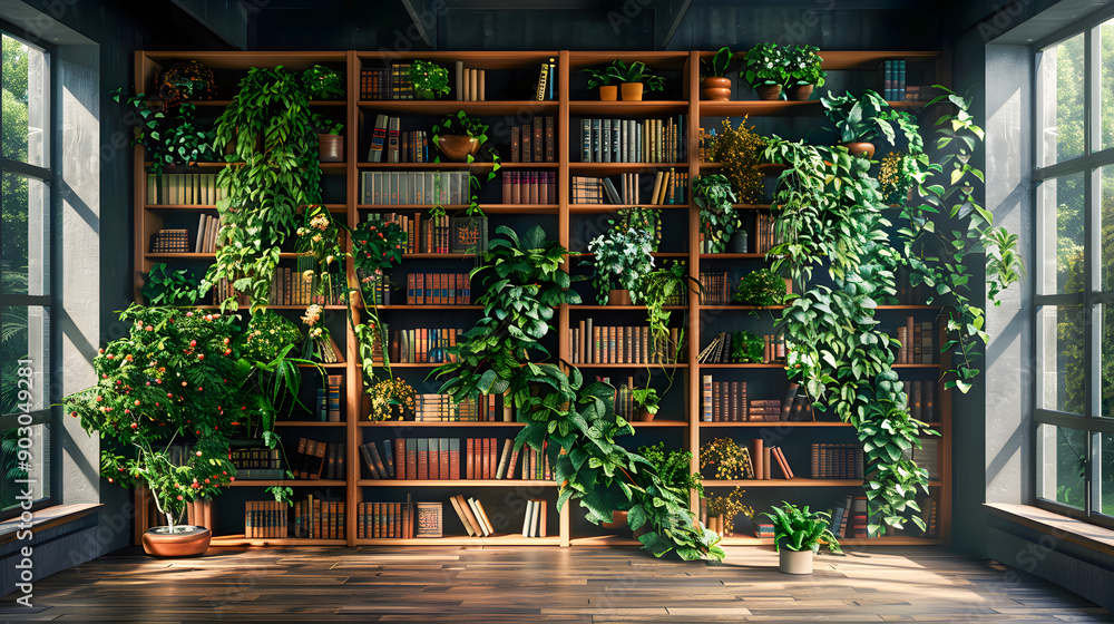 A contemporary-style bookshelf adorned with plants that serves as a ...