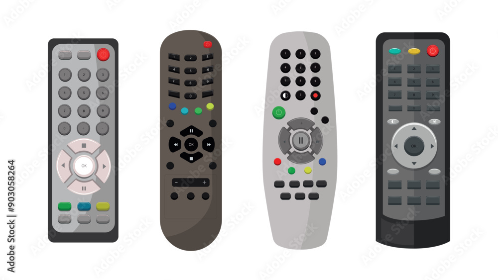 Set of beautiful TV remote controls in cartoon style. Vector ...