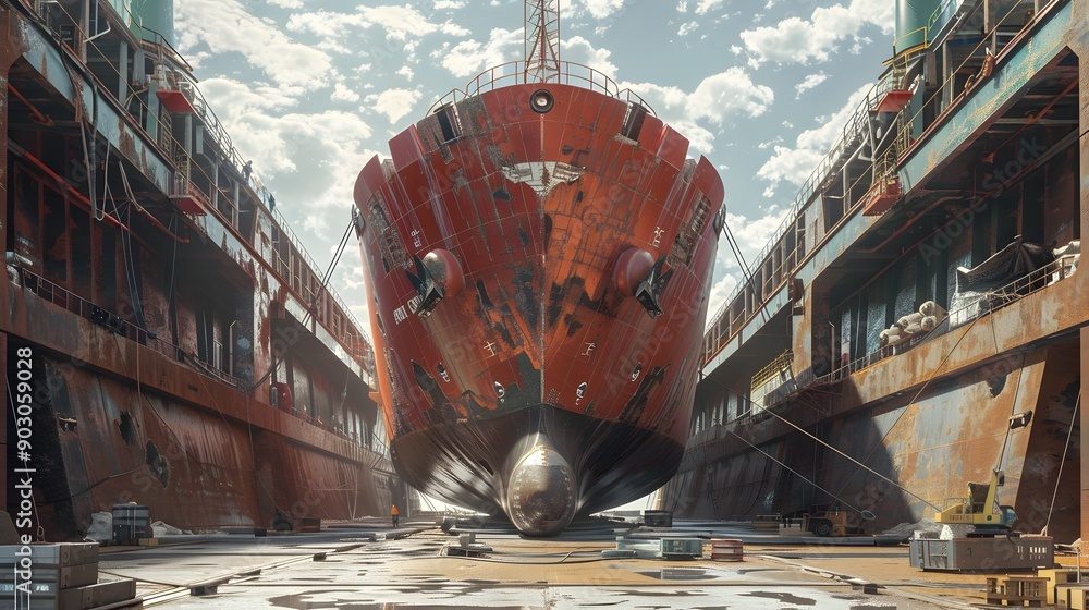 A detailed rendering of a cargo ship's hull being inspected and ...