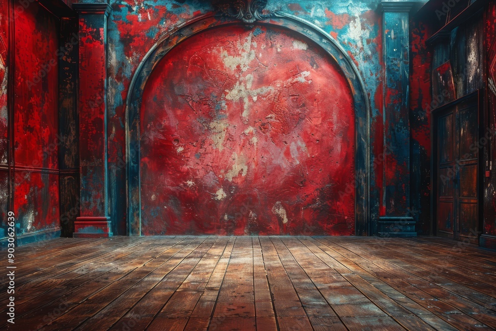 Vibrant antiquated theater stage with wooden floor and worn red and ...