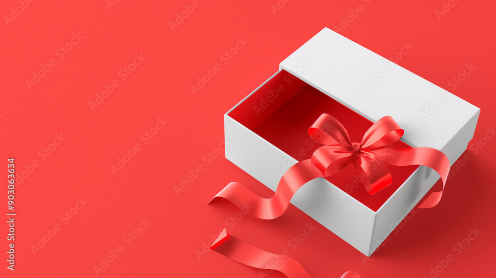 A white rectangular box with a red ribbon and bow on its top. The box ...