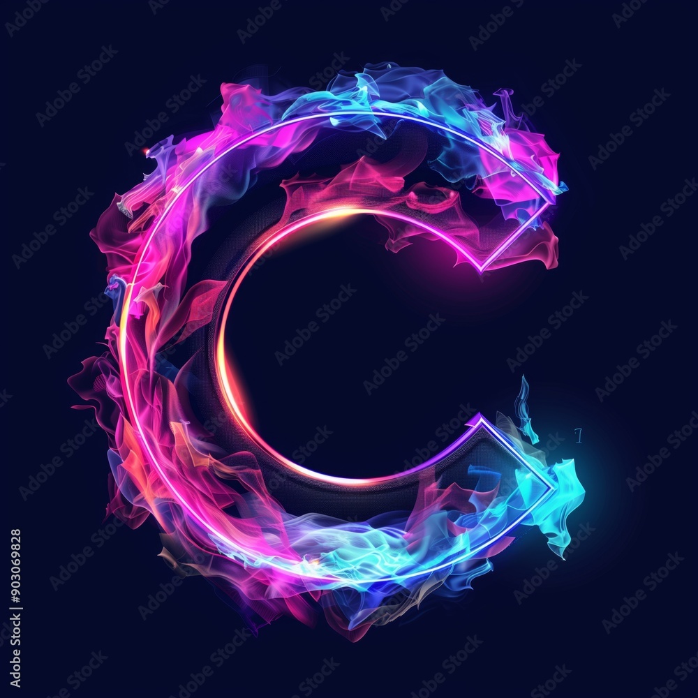 C text logo lettering with clear font and neon-colored aurora light on ...