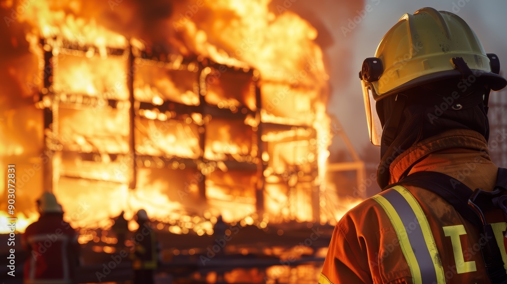 A detailed scene of a factory on fire, with emergency responders and ...