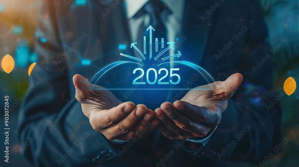 Business professional presenting growth vision for 2025 with hands and ...
