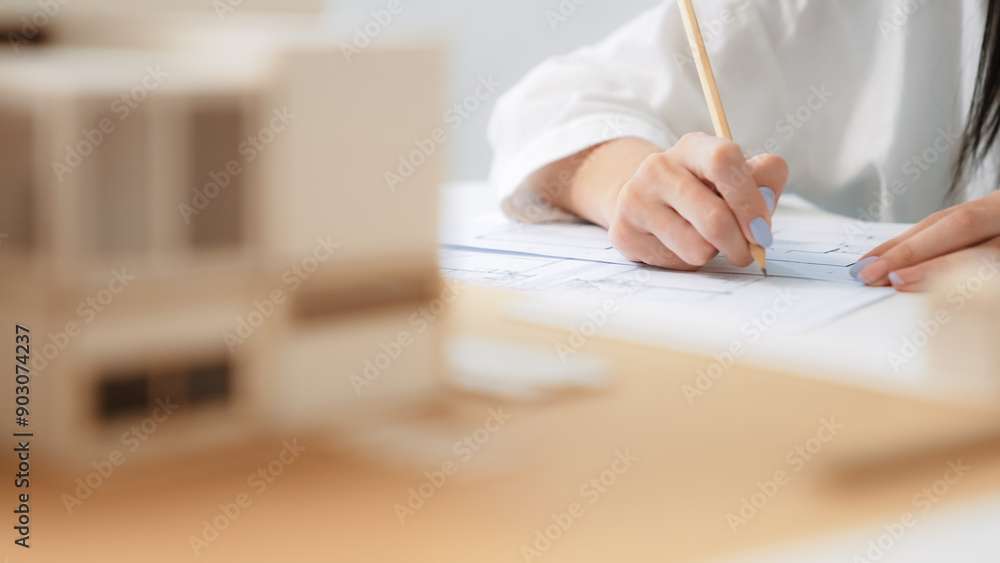 Closeup of beautiful young architect engineer hand drawing, drafting ...