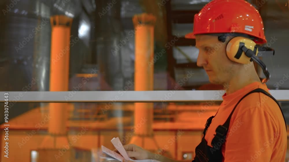 Factory worker cross-checks data with checklist during night shift ...