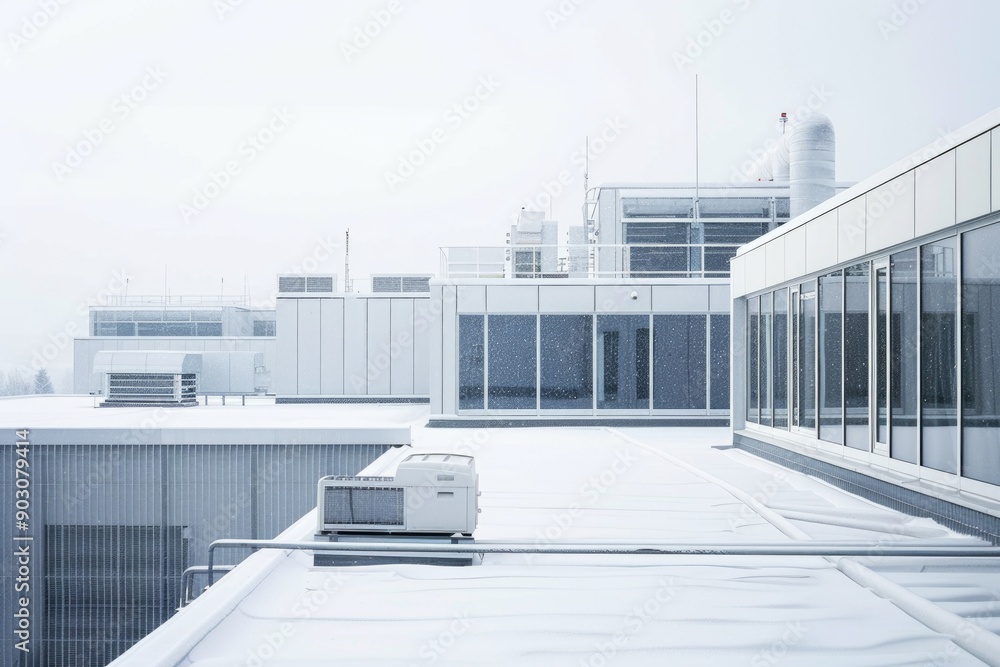 White Commercial Roof. Winter Installation of Ventilation and Air ...