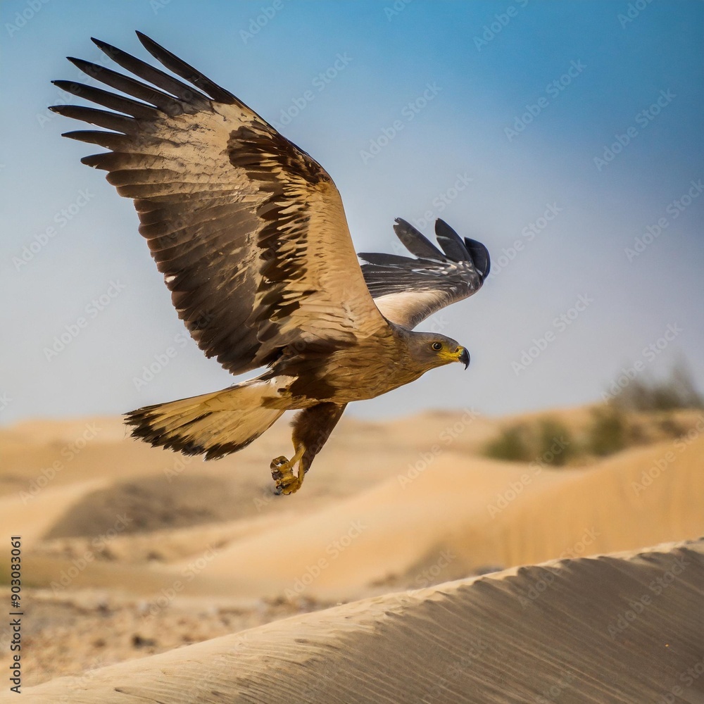 Desert eagle flying over a dune towards its catch in the dubai ...