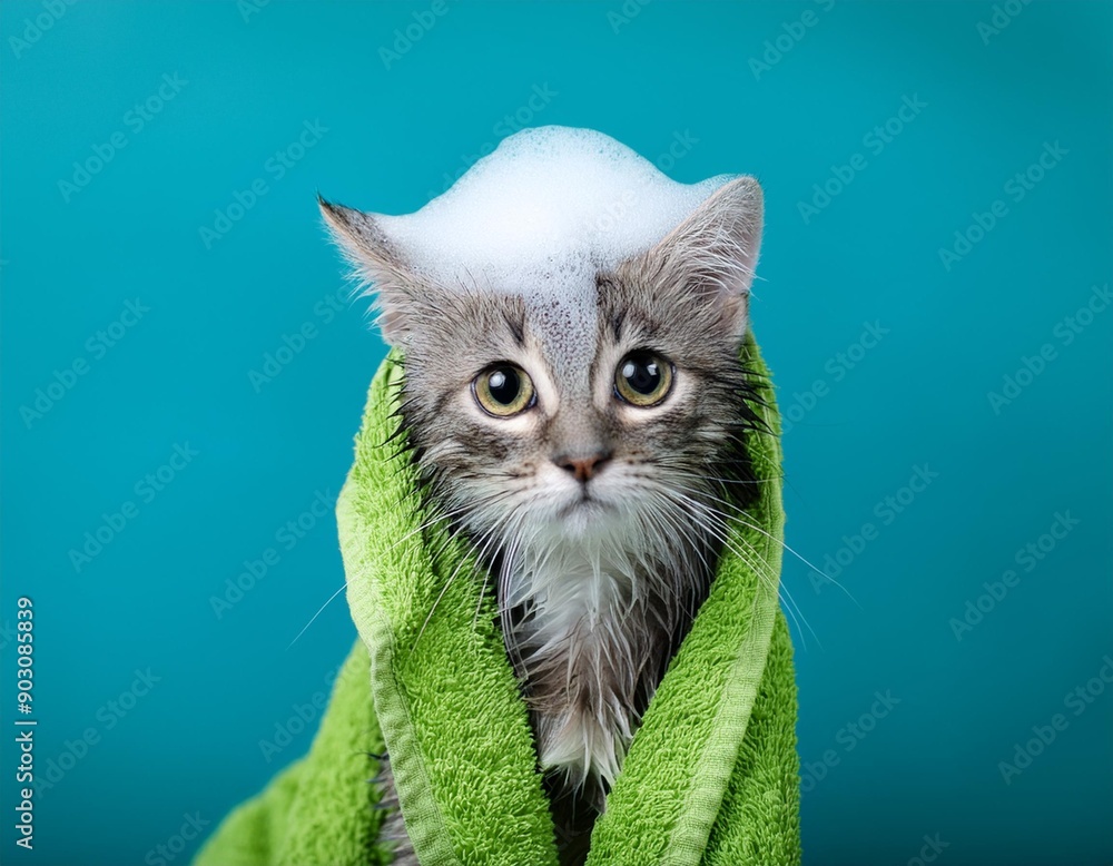 Funny wet gray tabby cute kitten after bath wrapped in green towel with ...