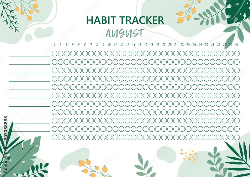 Habit tracker template. Habit diary for month august. Monthly planner ...