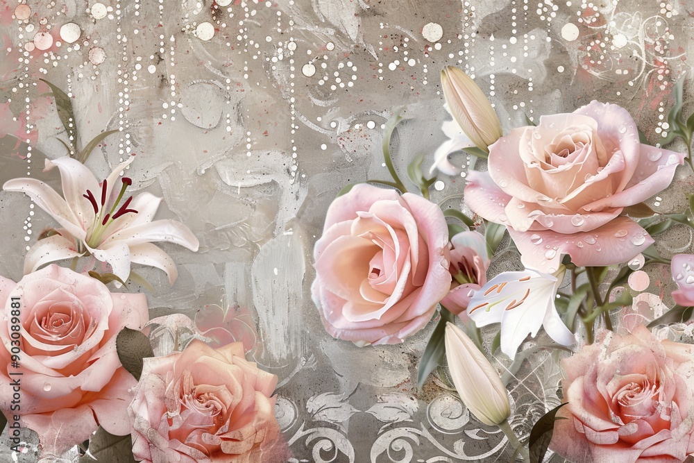 Collage of roses and lilies with dots on a stone texture.Digital ...