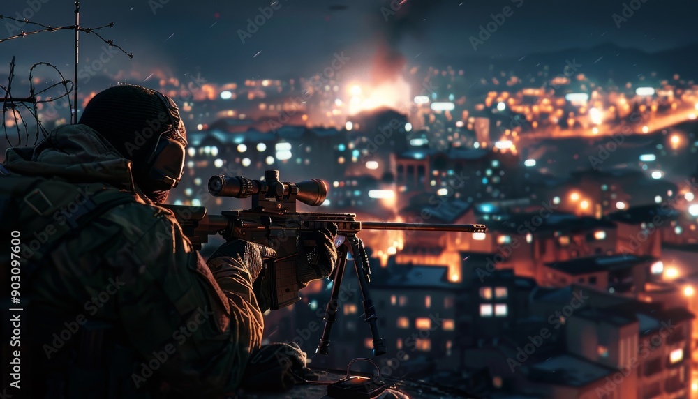 sharp photo showcasing a sniper shooter wielding an assault rifle ...