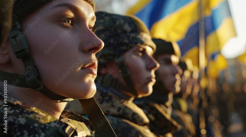 Soldiers in formation with flags, focused on teamwork during military ...