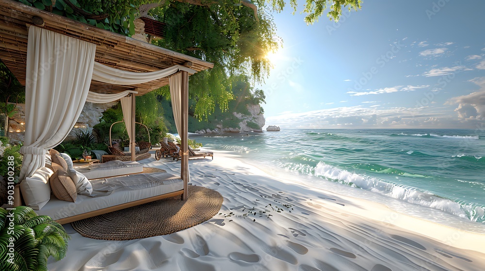 A luxurious beach cabana with elegant furnishings, featuring a stylish ...