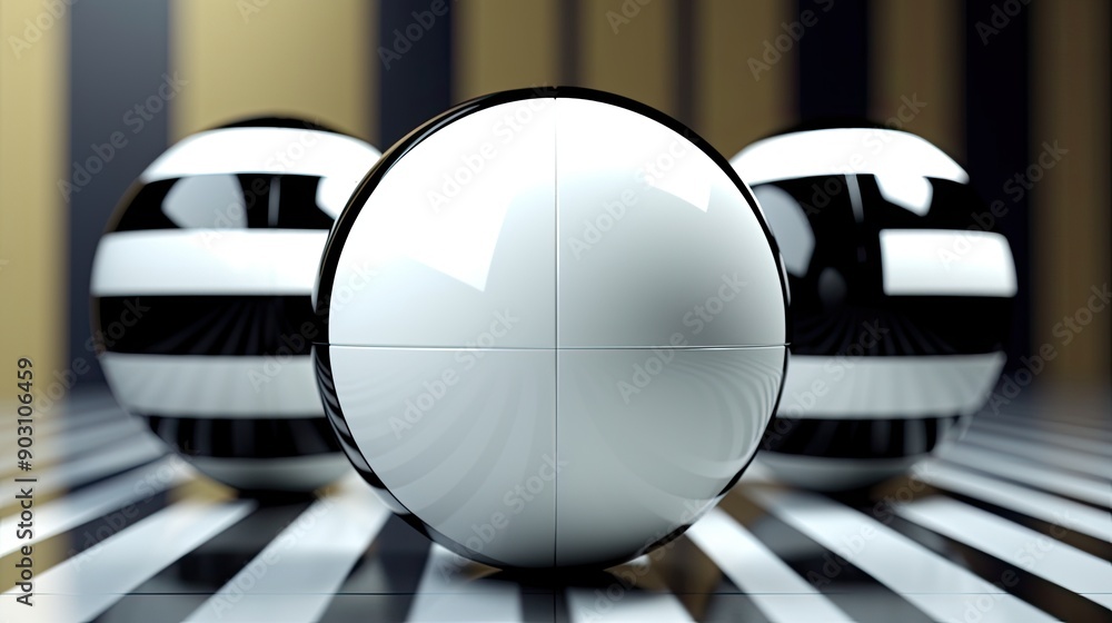 Black and white striped surface with many spheres with different ...