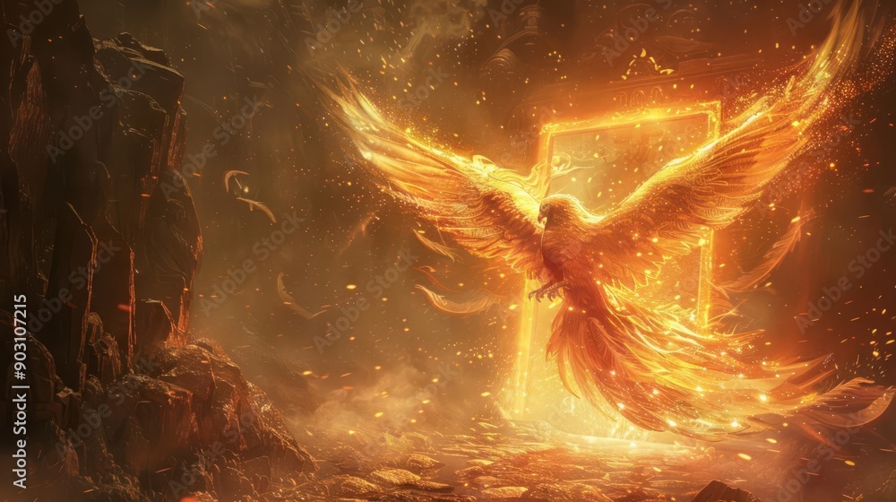 Phoenix bird flying through an ancient portal, entering a new ...