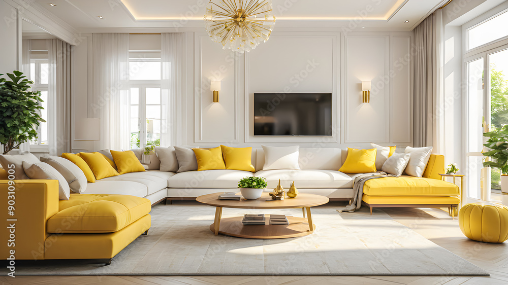 Luxury fashionable home background. Sunny modern living room with ...
