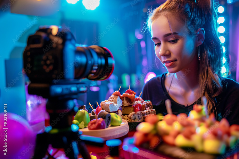 TikTokers filming a challenge where they try unusual snacks.A woman ...