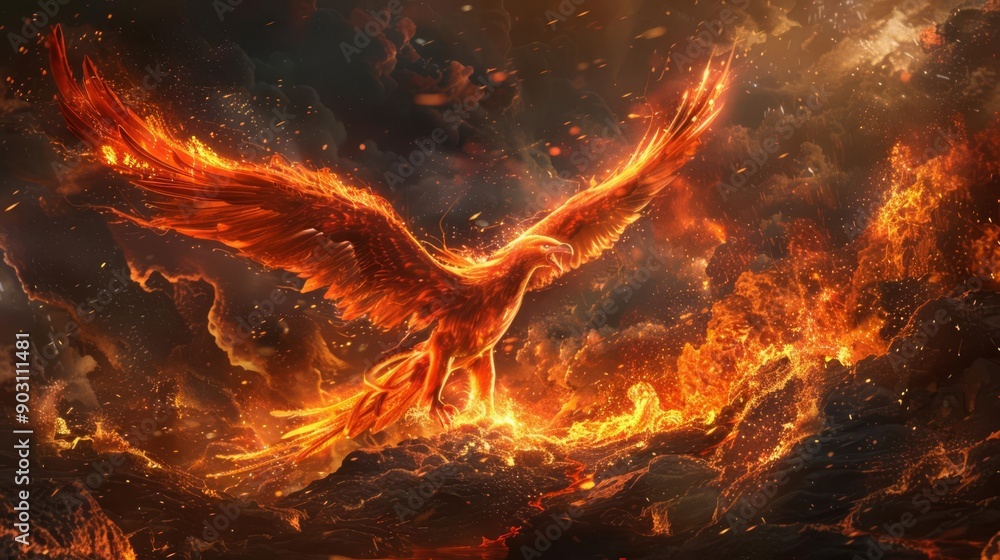 Phoenix bird rising from a volcano with lava and fire, powerful and ...