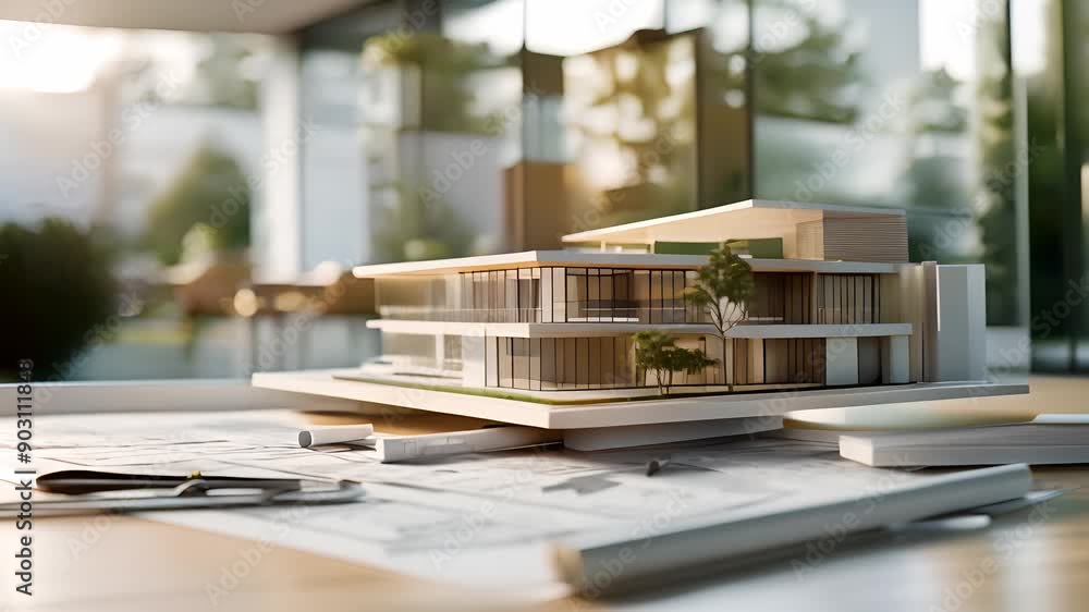 Mini modern house on blueprint architect, Architect designing on ...