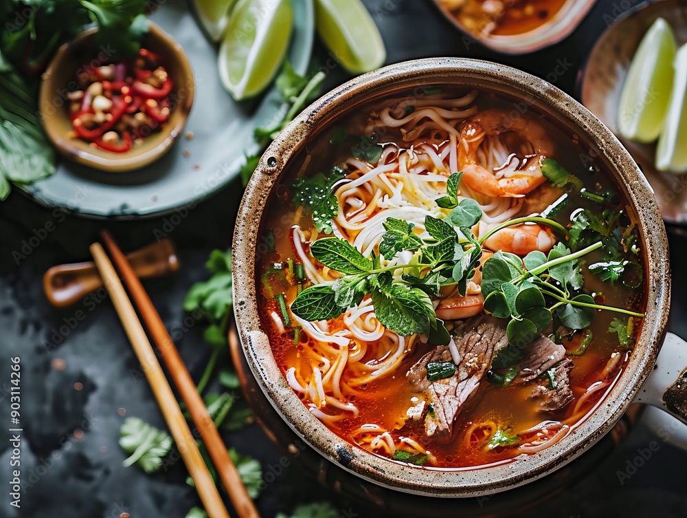 Bun Bo Hue. The most popular Vietnamese dishes. A spicy beef noodle ...