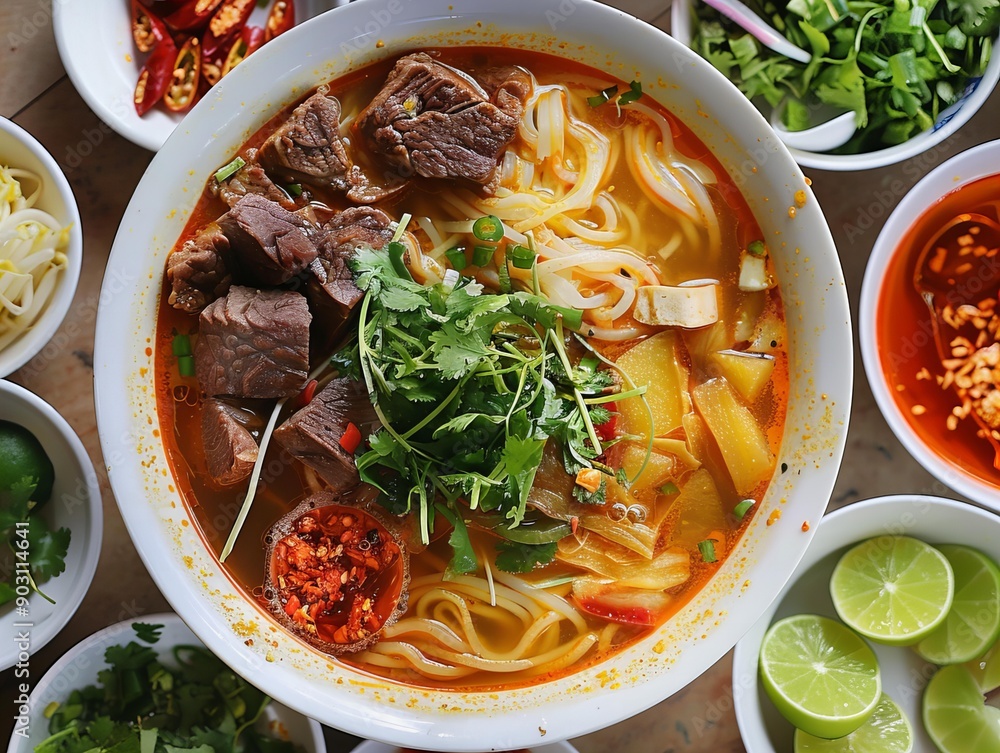 Bun Bo Hue. The most popular Vietnamese dishes. A spicy beef noodle ...