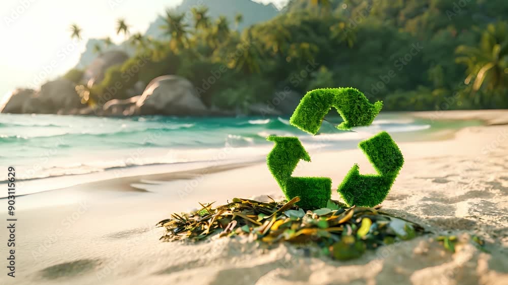 Green recycle symbol or eco sign with garbage waste on the beach and ...