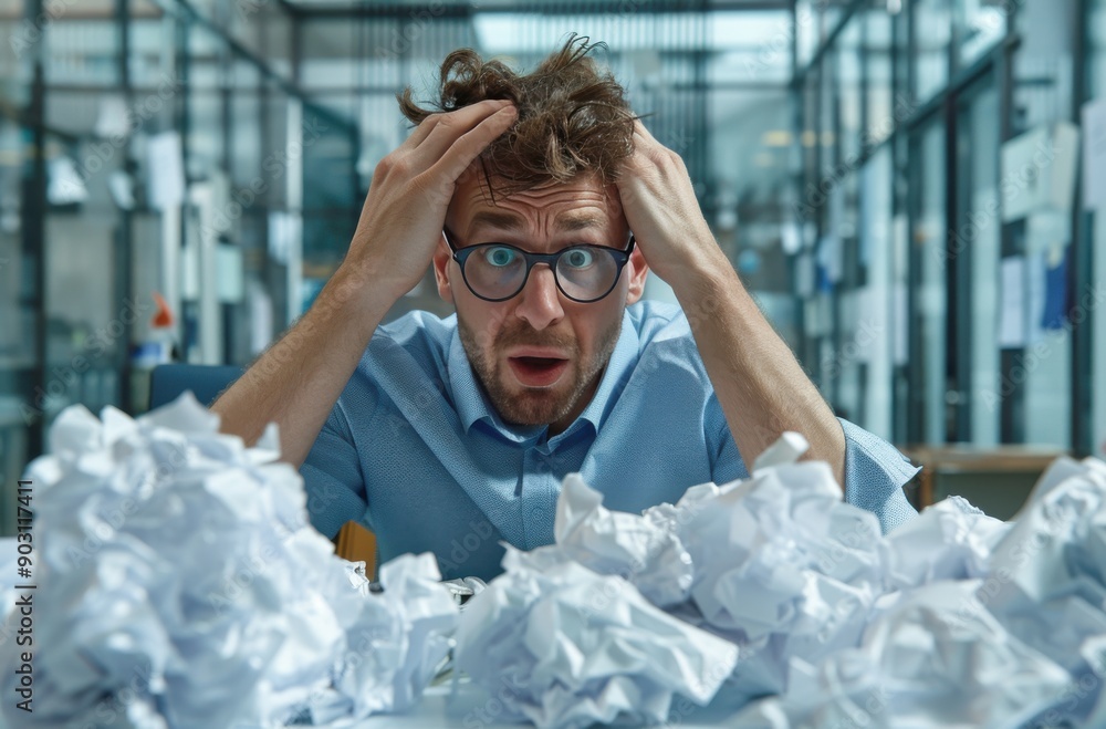 office worker sitting at his desk, looking distressed and holding his ...