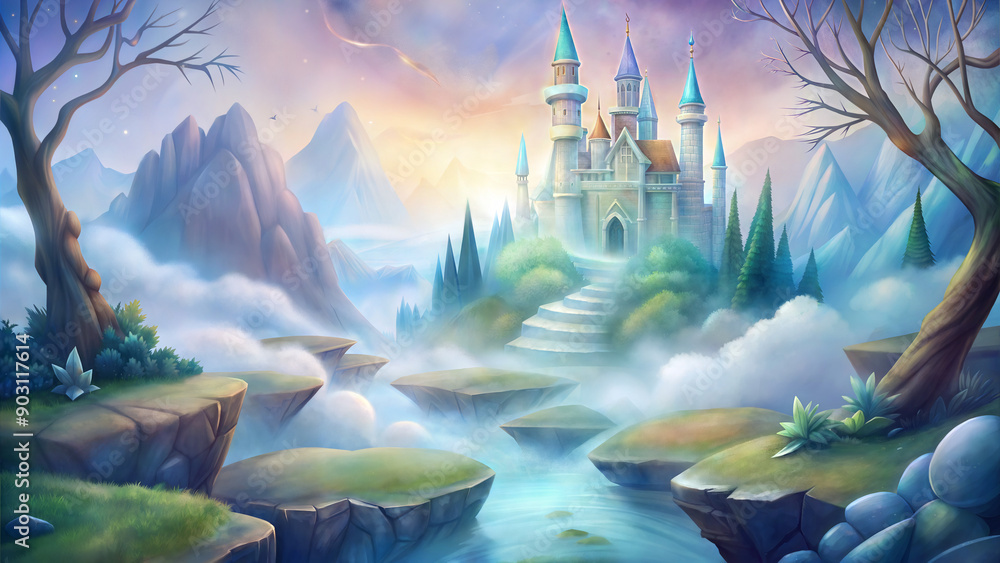 Watercolor castle is in distance with mountain range in background. Sky ...