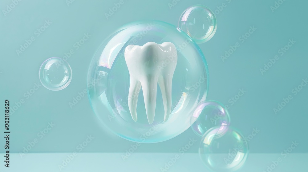 Tooth inside floating transparent bubbles, pastel blue background. Oral ...