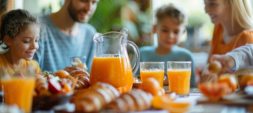 Family Breakfast Gathering with Fresh Orange Juice, Croissants, and ...
