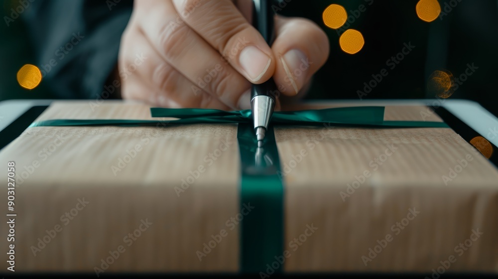 A customer signing for a package on a digital device, high resolution ...